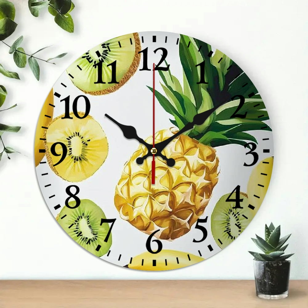 Chilfamy Round Wooden Wall Clock Pineapple Kiwi Banana Slices Print ...