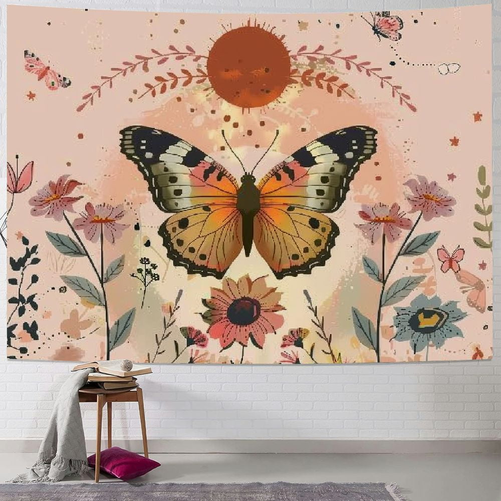 Chilfamy Pink Boho Butterfly Wall Tapestry, Botanical Floral Tapestry ...