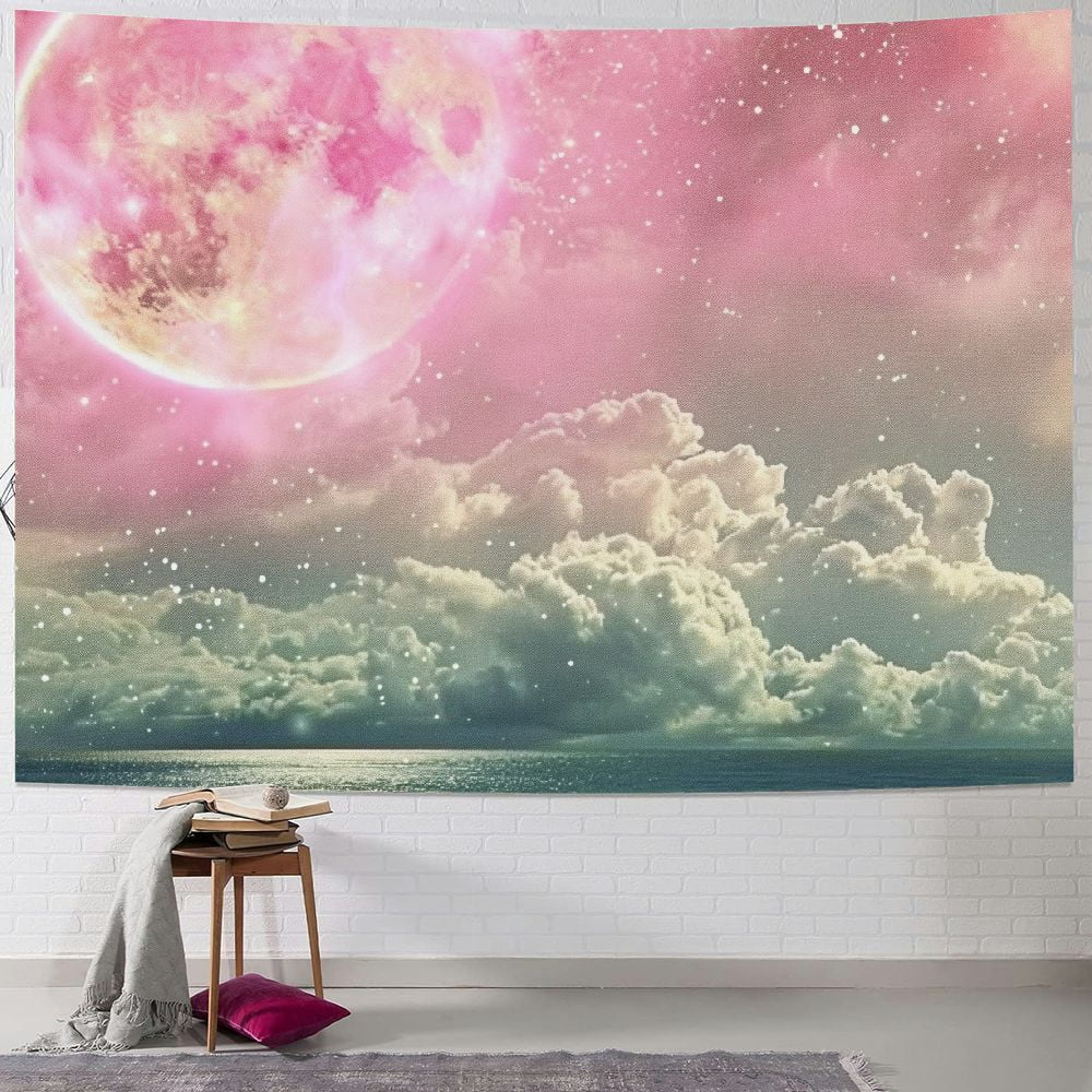 Chilfamy Pink Clouds Sky Tapestry Ocean Moon Stars Nature Landscape ...