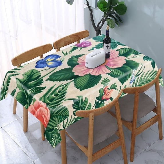 Chilfamy Pink Flower Green Leaves Tropical Rectangle Dining Tablecloth ...