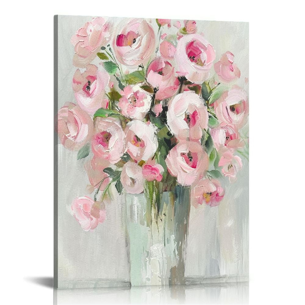 Chilfamy Pink Flowers Canvas Prints Wall Art Roses in Vase Wall Decor ...