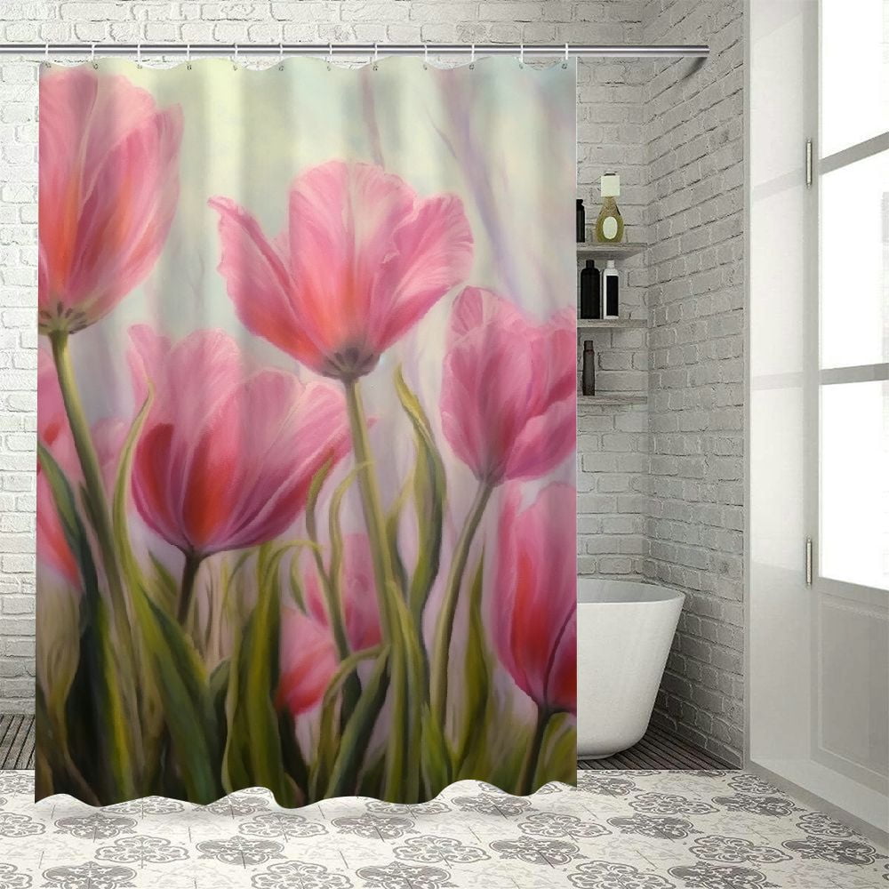 Chilfamy Pink Flowers Field Grass Pretty Shower Curtain Bathroom Decor ...