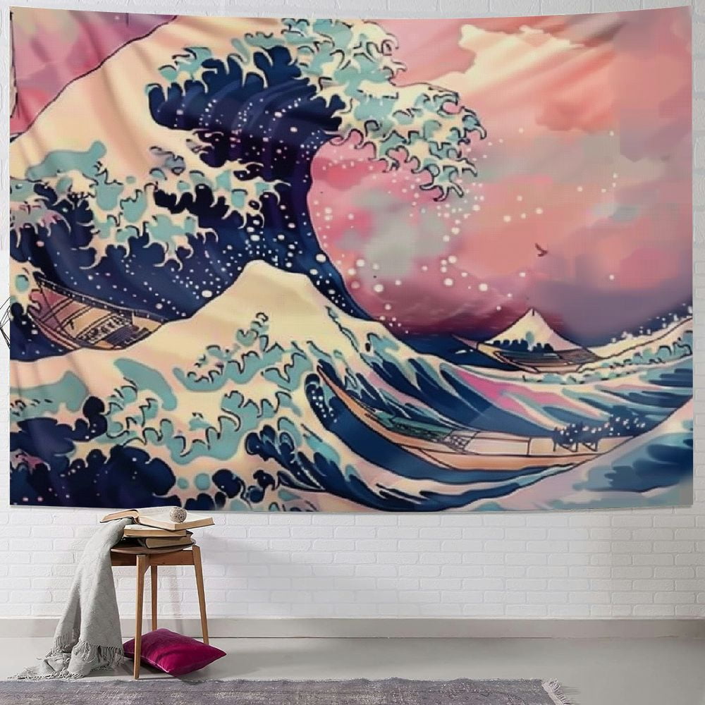 Chilfamy Pink Japanese Tapestry, Cool Ocean Wave Wall Tapestry, Asian ...