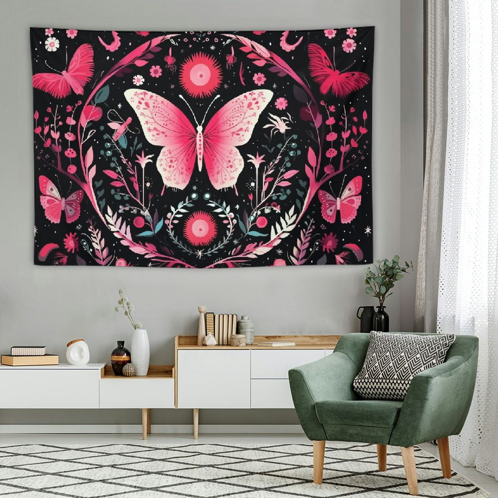 Chilfamy Pink Tapestry Aesthetic Moth Butterfly Tapestry Rabbits Moon ...