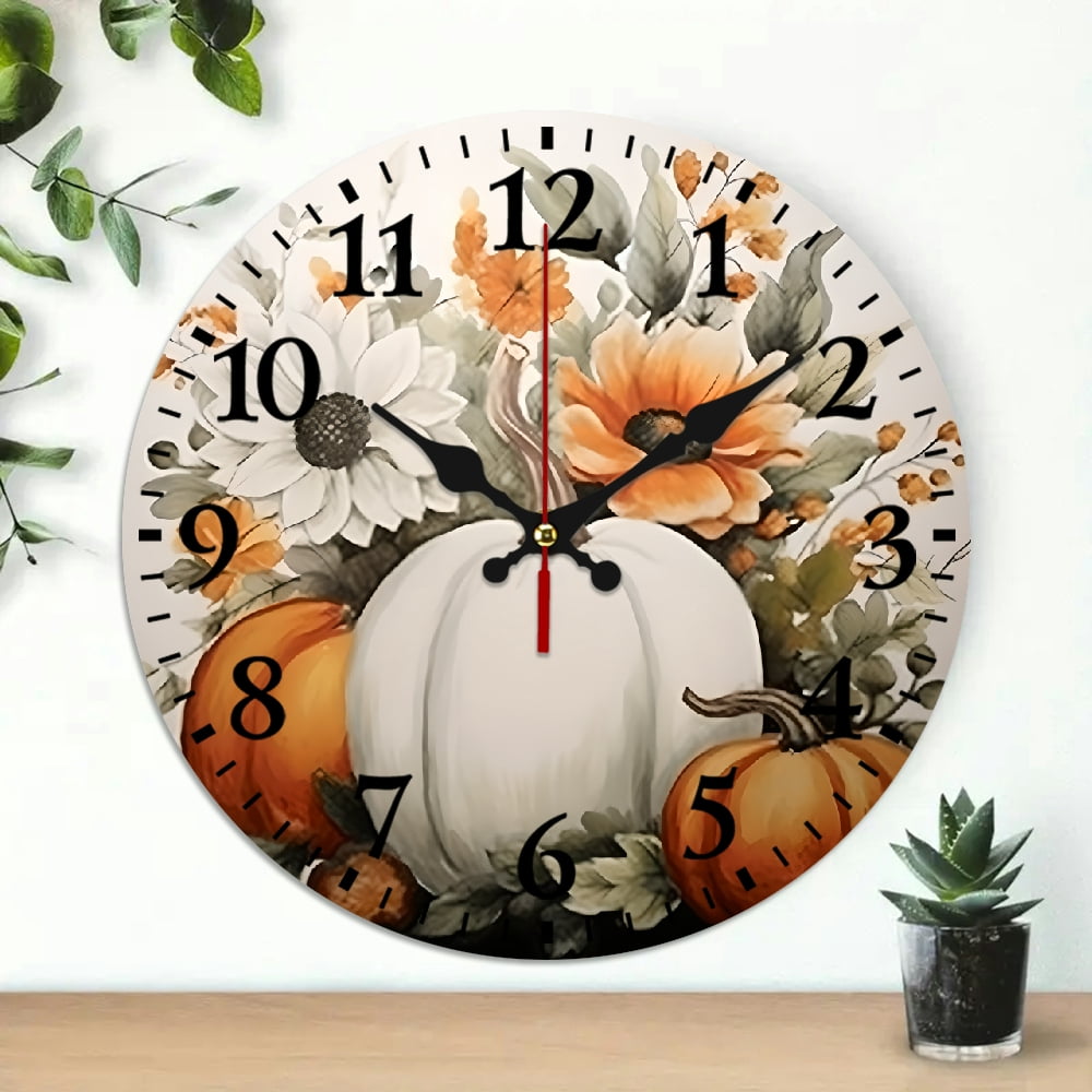 Chilfamy Pumpkin Flowers Squirrel Wall Clock for Living Room Decor ...