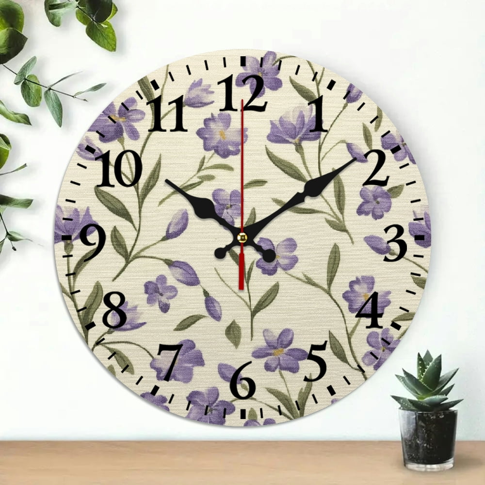 Chilfamy Purple Flowers Wall Clock Decor Battery Operated 10-inch ...