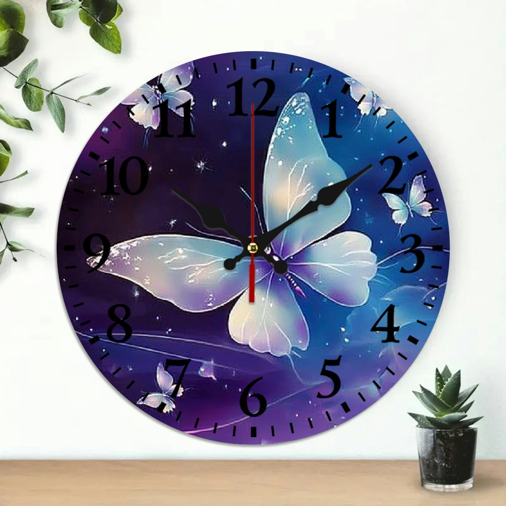 Chilfamy Purple Wall Clock for Girls Bedroom Analog Butterfly Wall ...