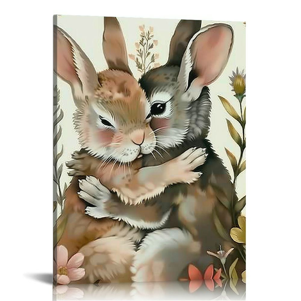 Chilfamy Rabbits Hugging With Flowers Canvas Wall Art Animal Poster ...