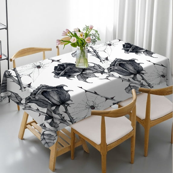 Chilfamy Rectangle Dining Tablecloth - Black Roses with Spider Webs ...