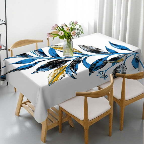 Chilfamy Rectangle Dining Tablecloth - Blue Gold Leaf Branch Print ...