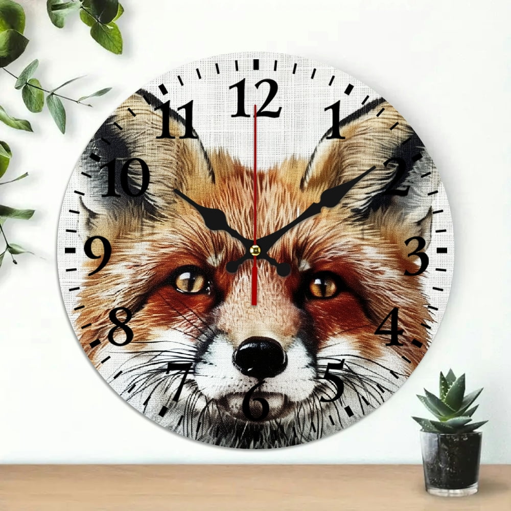 Chilfamy Red Fox Round Wooden Wall Clock Battery Operated 10 Inches ...