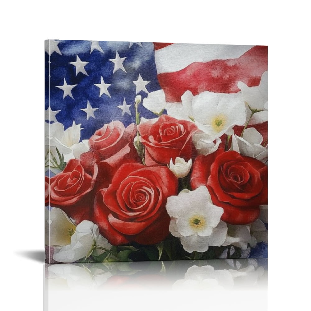 Chilfamy Red Roses White Flowers American Flag Canvas Wall Art 16x16in ...