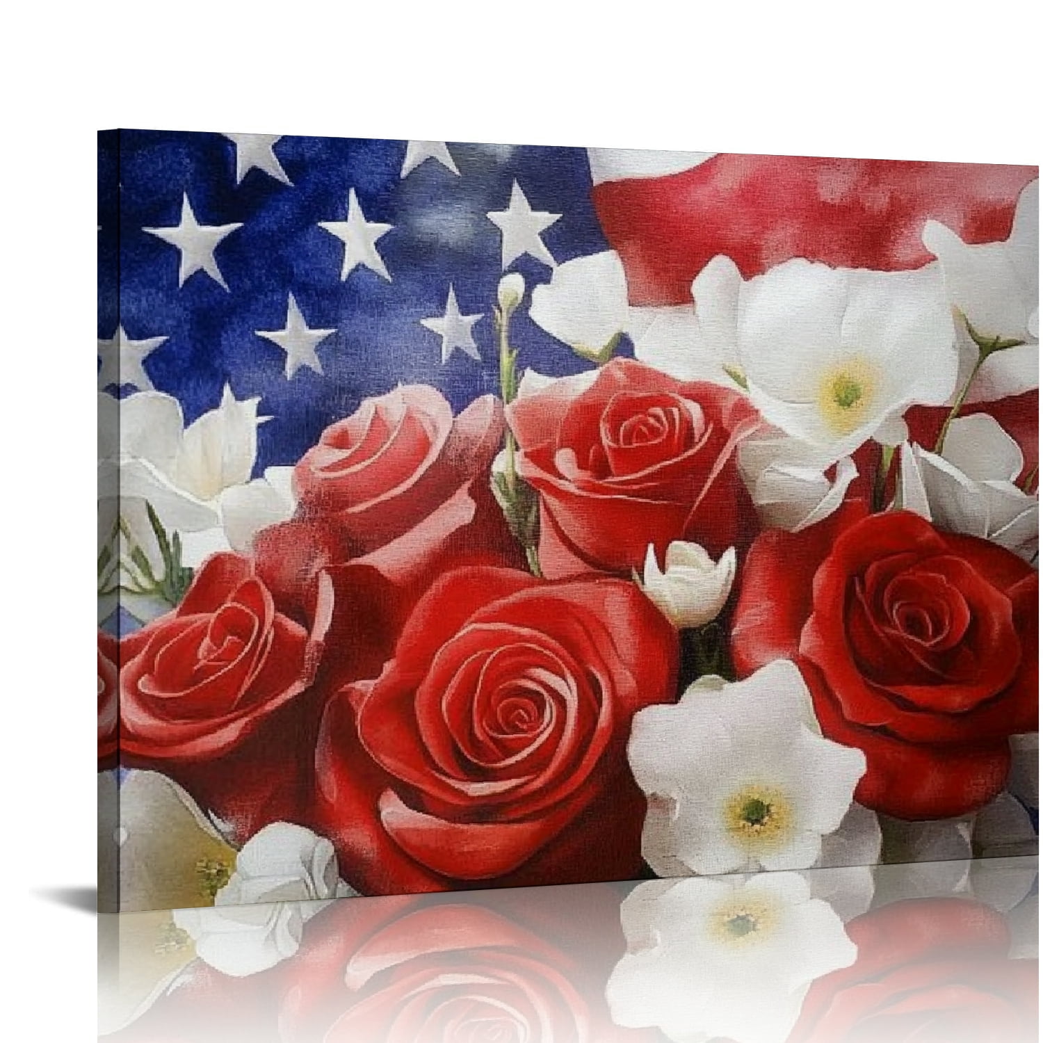 Chilfamy Red Roses White Flowers American Flag Canvas Wall Art 20x16in ...