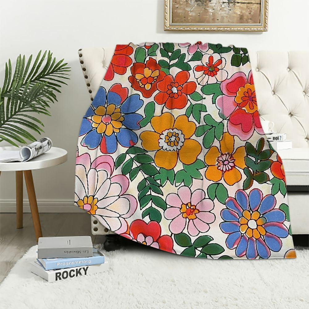 Chilfamy Retro 60S 70S Floral Flannel Blanket,Hippie Flowers Print ...