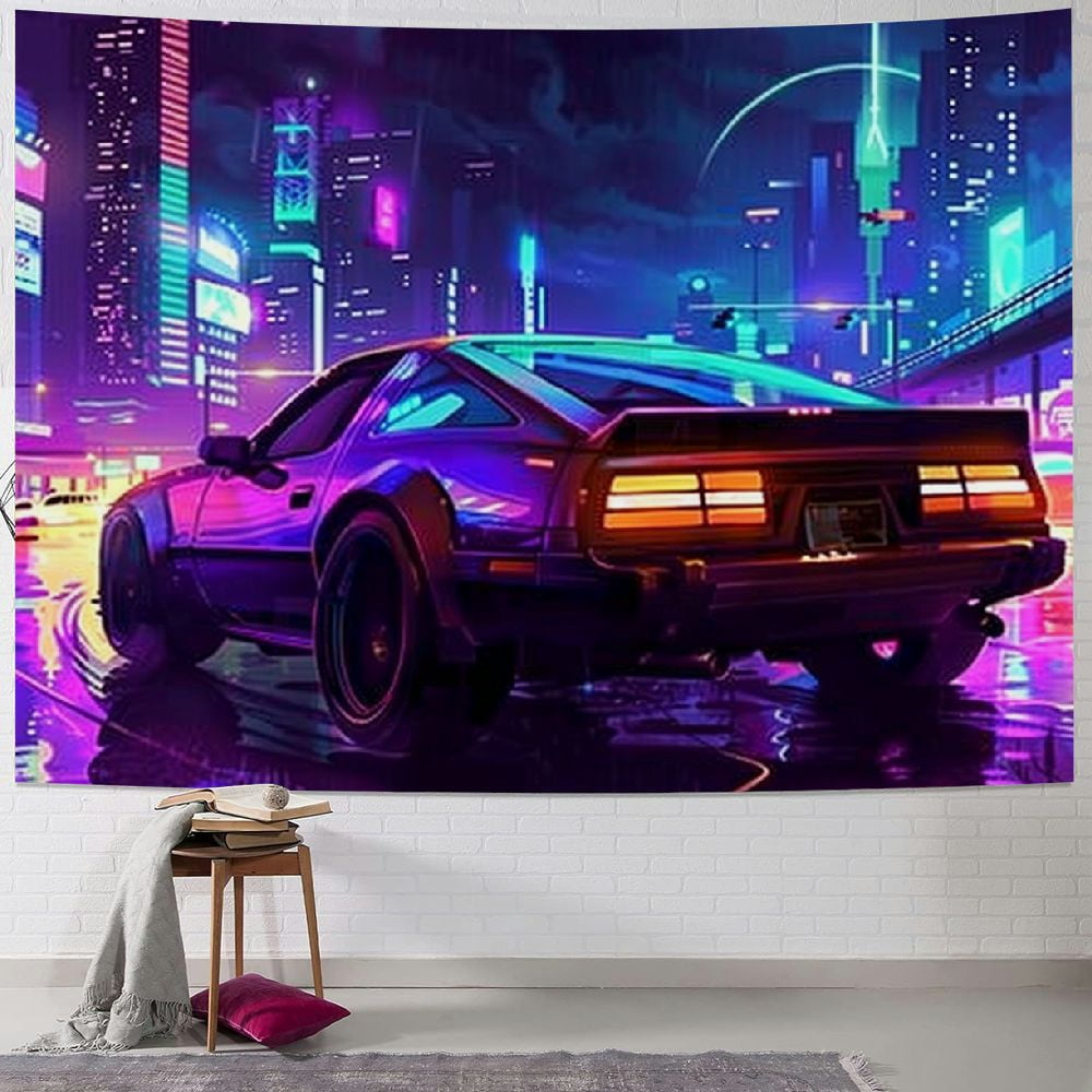 Chilfamy Retro 80s Punk Car Tapestry Japanese Neon City Tapestry Starry ...