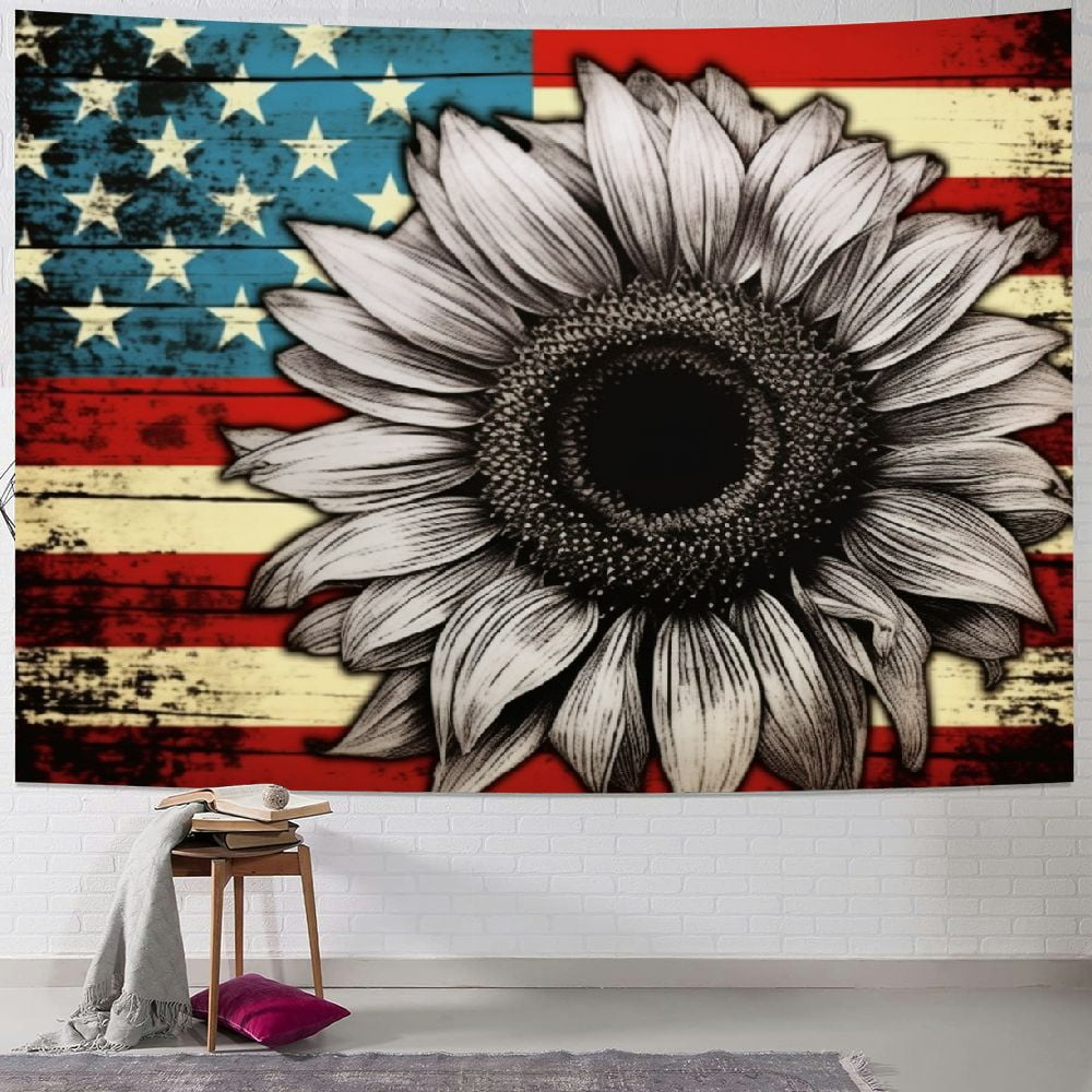 Chilfamy Retro American Flag Tapestry White Sunflower Wall Tapestry ...