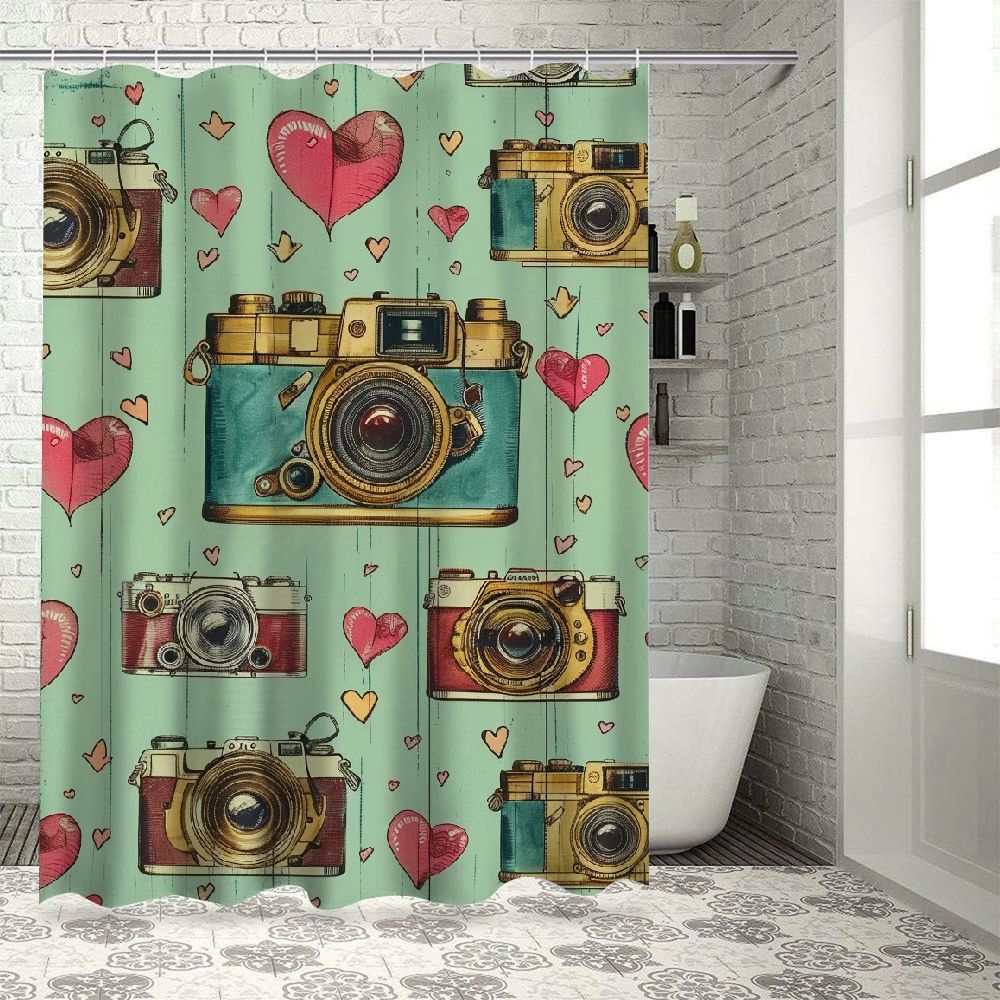 Chilfamy Retro Shower Curtain, Cheerful Hipster Pattern Old Analogue Photo Cameras Doodle Style ...