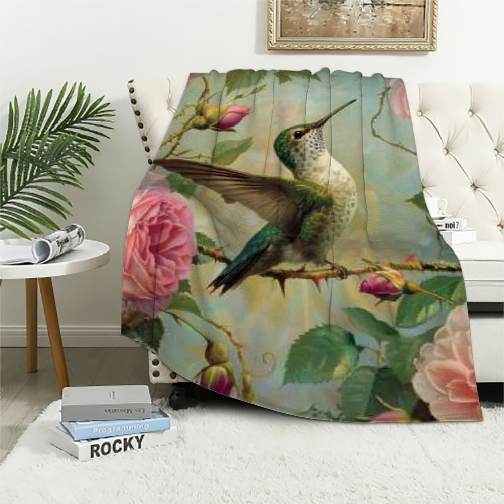 Chilfamy Romantic White Hummingbird Blanket Colorful Print for Bed Sofa ...