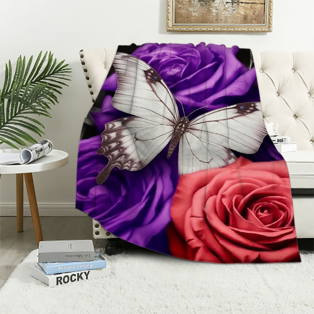 Chilfamy Rose Flower Butterfly Flannel Fleece Throws Blanket for Bed ...