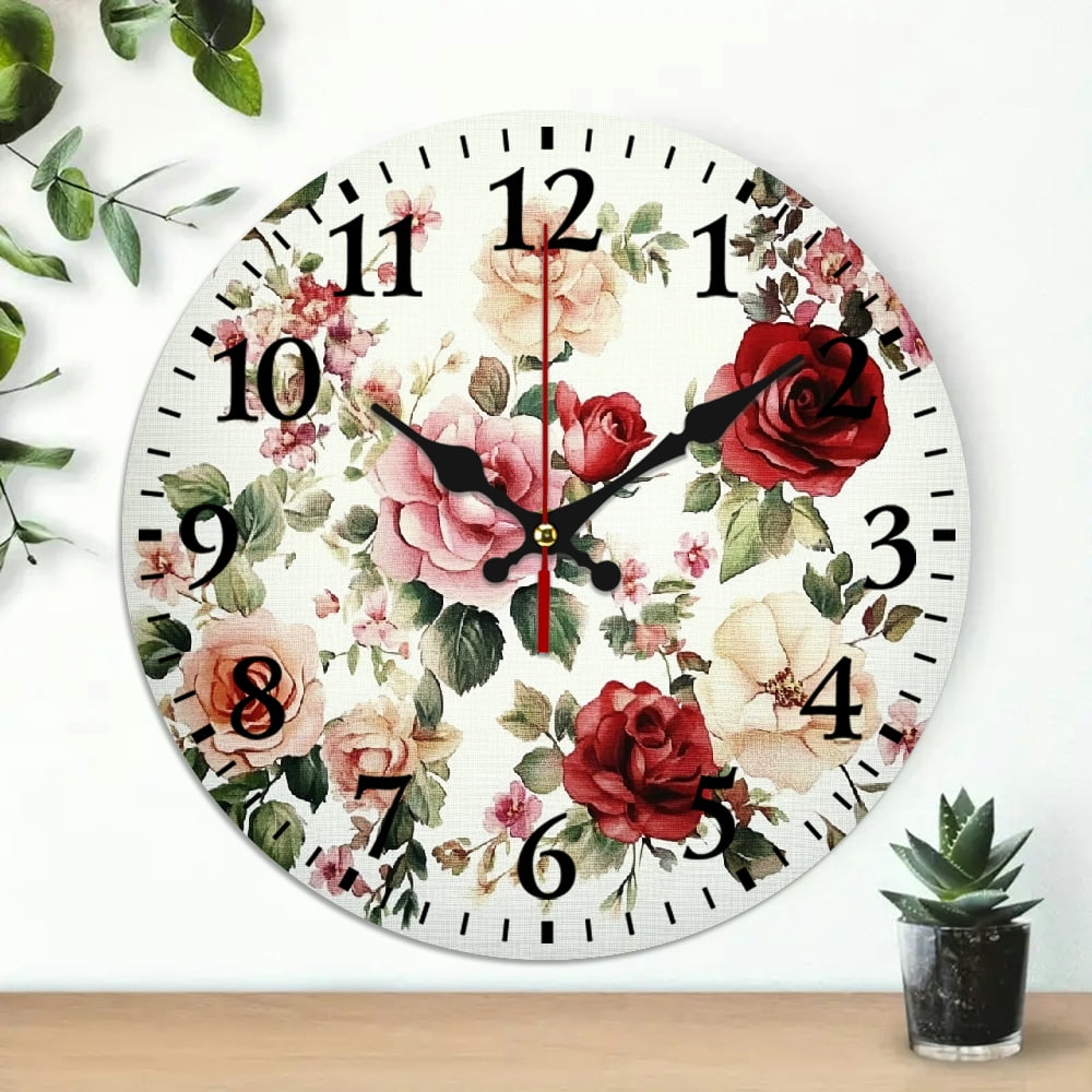 Chilfamy Roses Wall Clock for Living Room, Battery Operated, 10 Inches ...