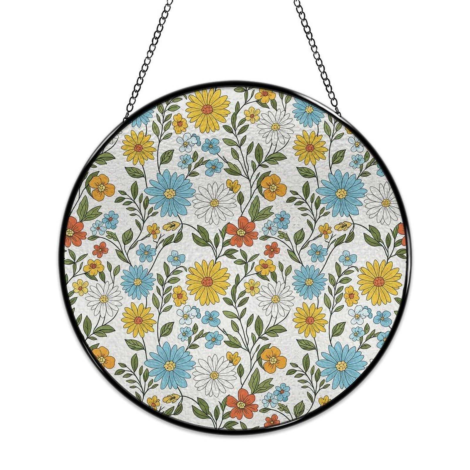 Chilfamy Round Stained Glass Window Suncatcher, Blue And Yellow Floral ...