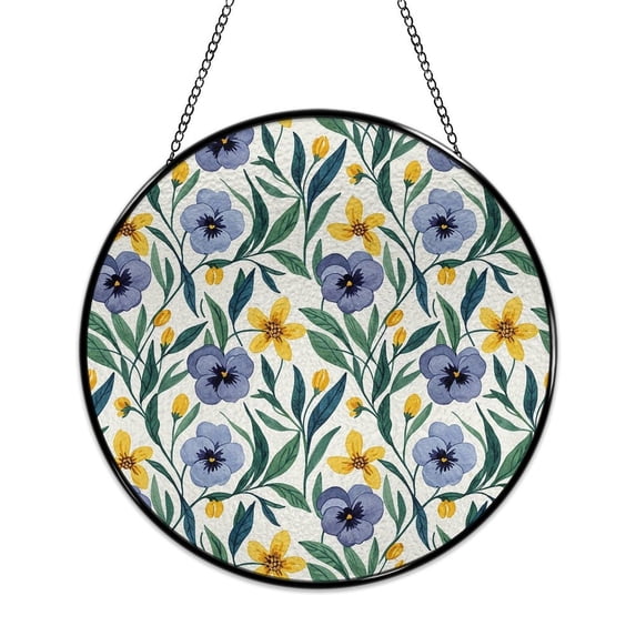 Chilfamy Round Stained Glass Window Suncatcher, Blue And Yellow Flower ...
