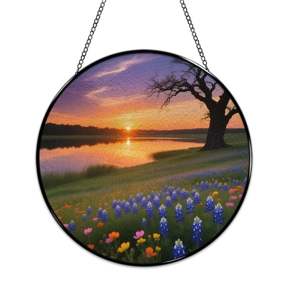 Chilfamy Round Stained Glass Window Suncatcher, Bluebonnet Wildflowers ...