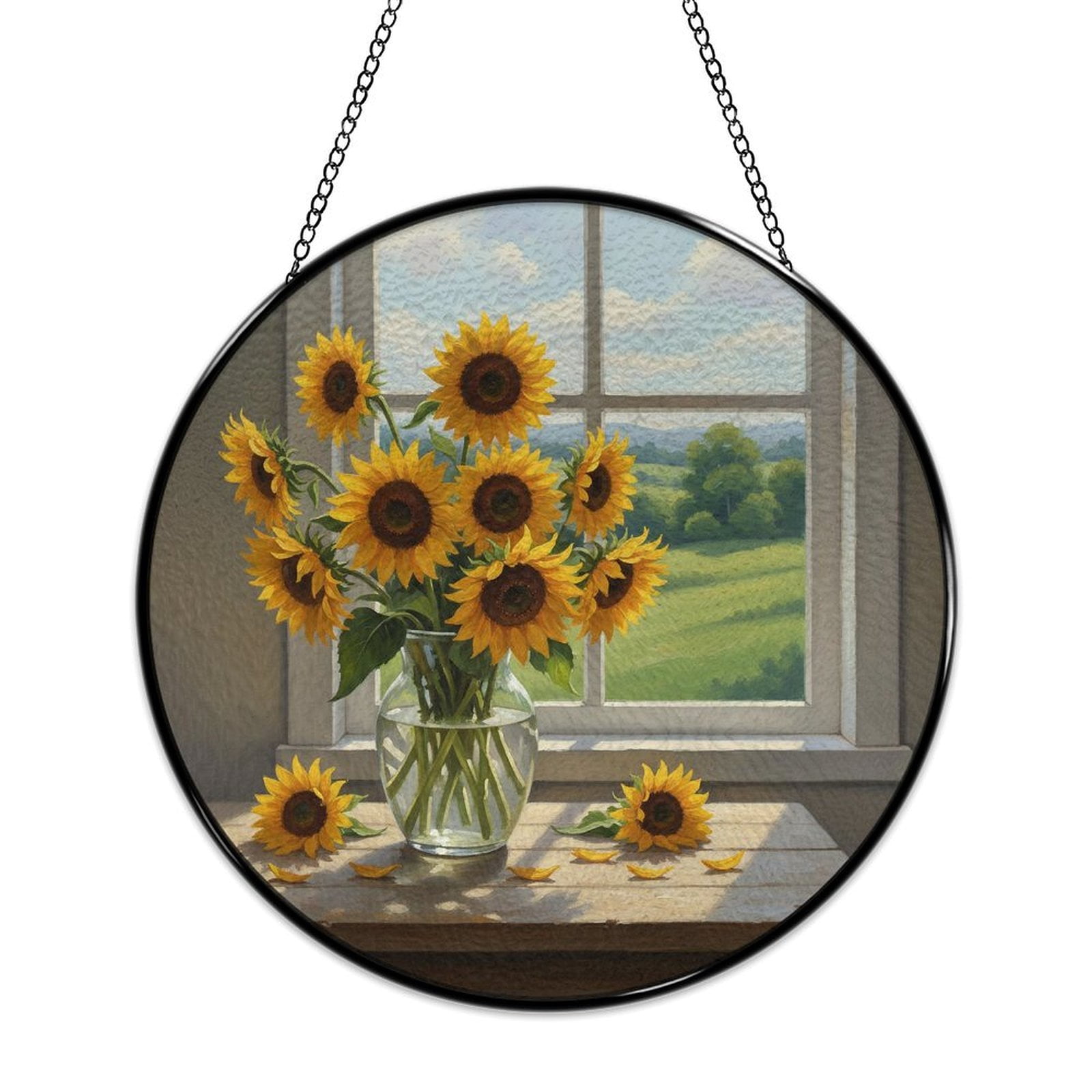 Chilfamy Round Stained Glass Window Suncatcher, Bouquet of Sunflowers ...