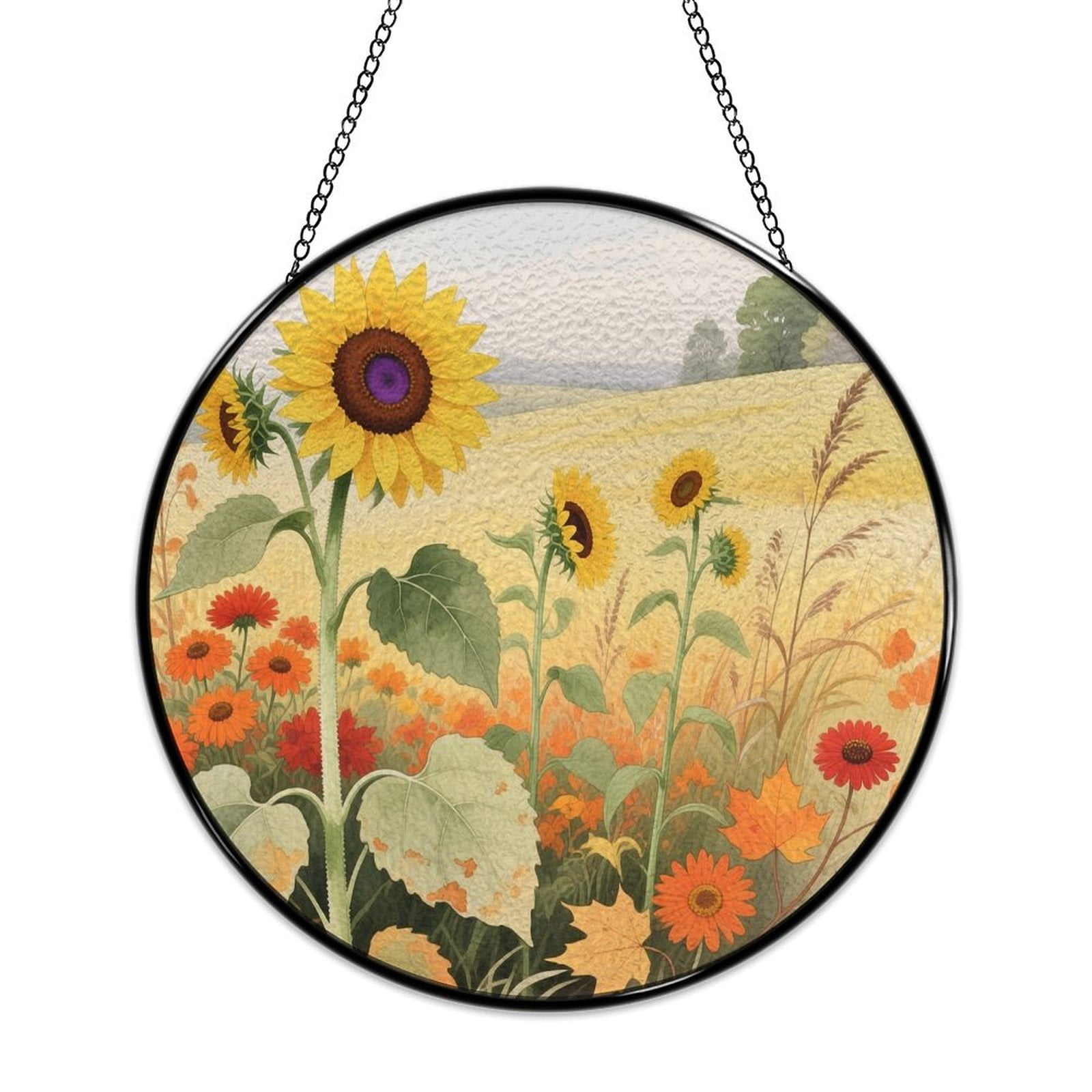 Chilfamy Round Stained Glass Window Suncatcher, Farmhouse Sunflower ...