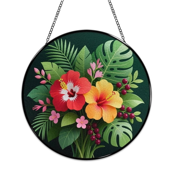 Chilfamy Round Stained Glass Window Suncatcher, Hibiscus Plumeria Rubra ...