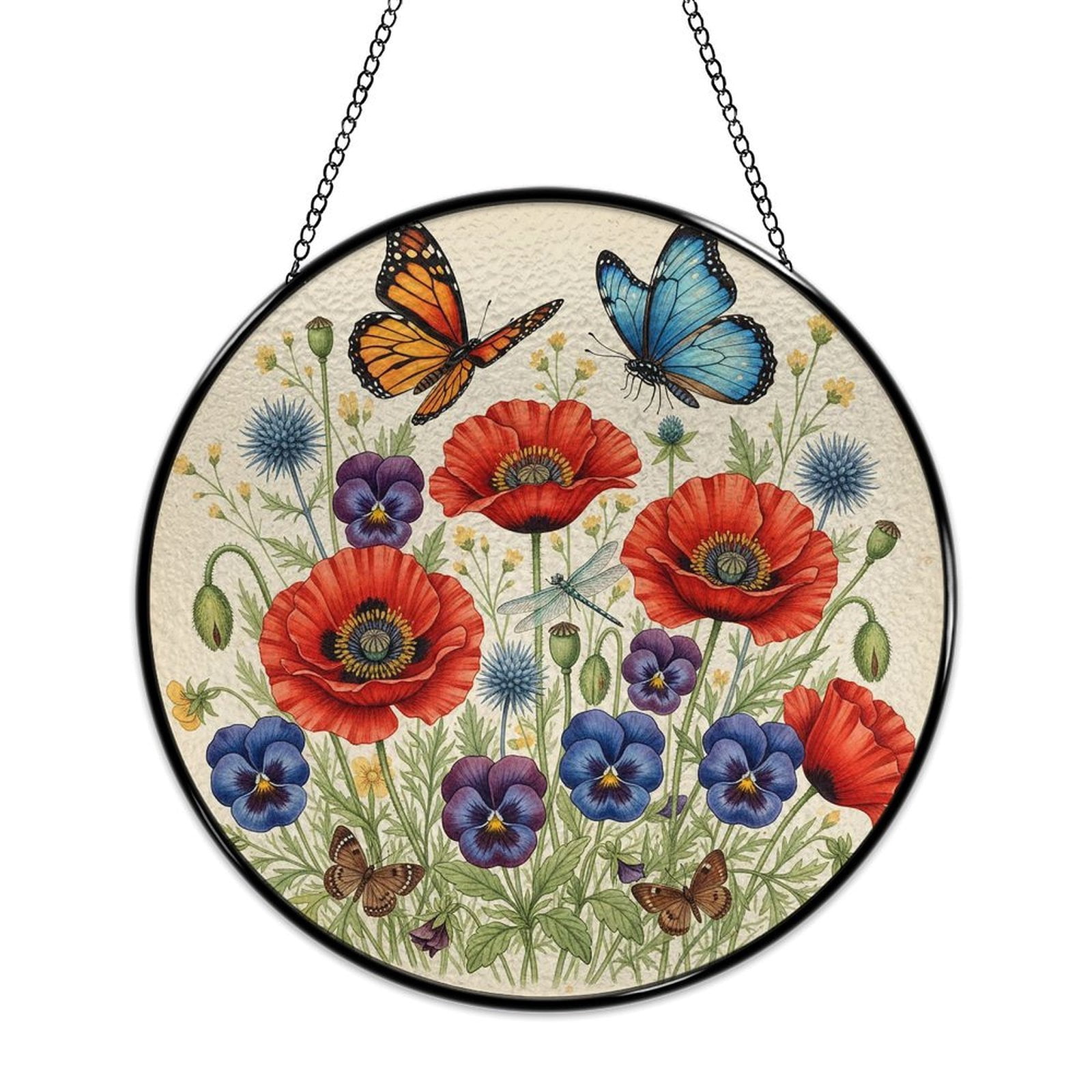 Chilfamy Round Stained Glass Window Suncatcher, Red Poppy Floral ...