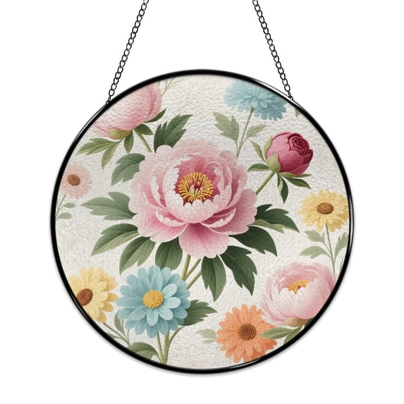 Chilfamy Round Stained Glass Window Suncatcher, Watercolor Rose Peony ...