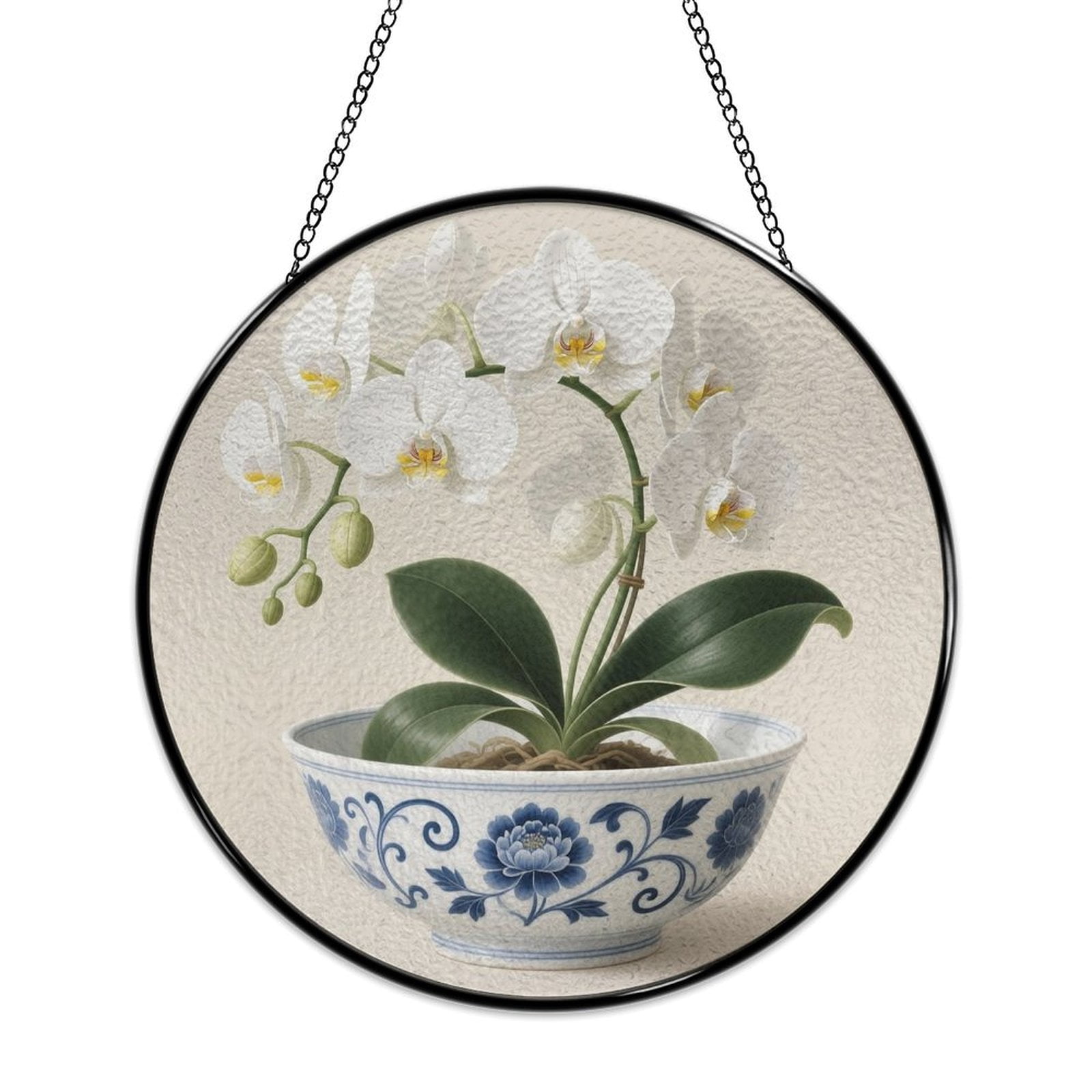 Chilfamy Round Stained Glass Window Suncatcher, White Orchid & Magnolia ...