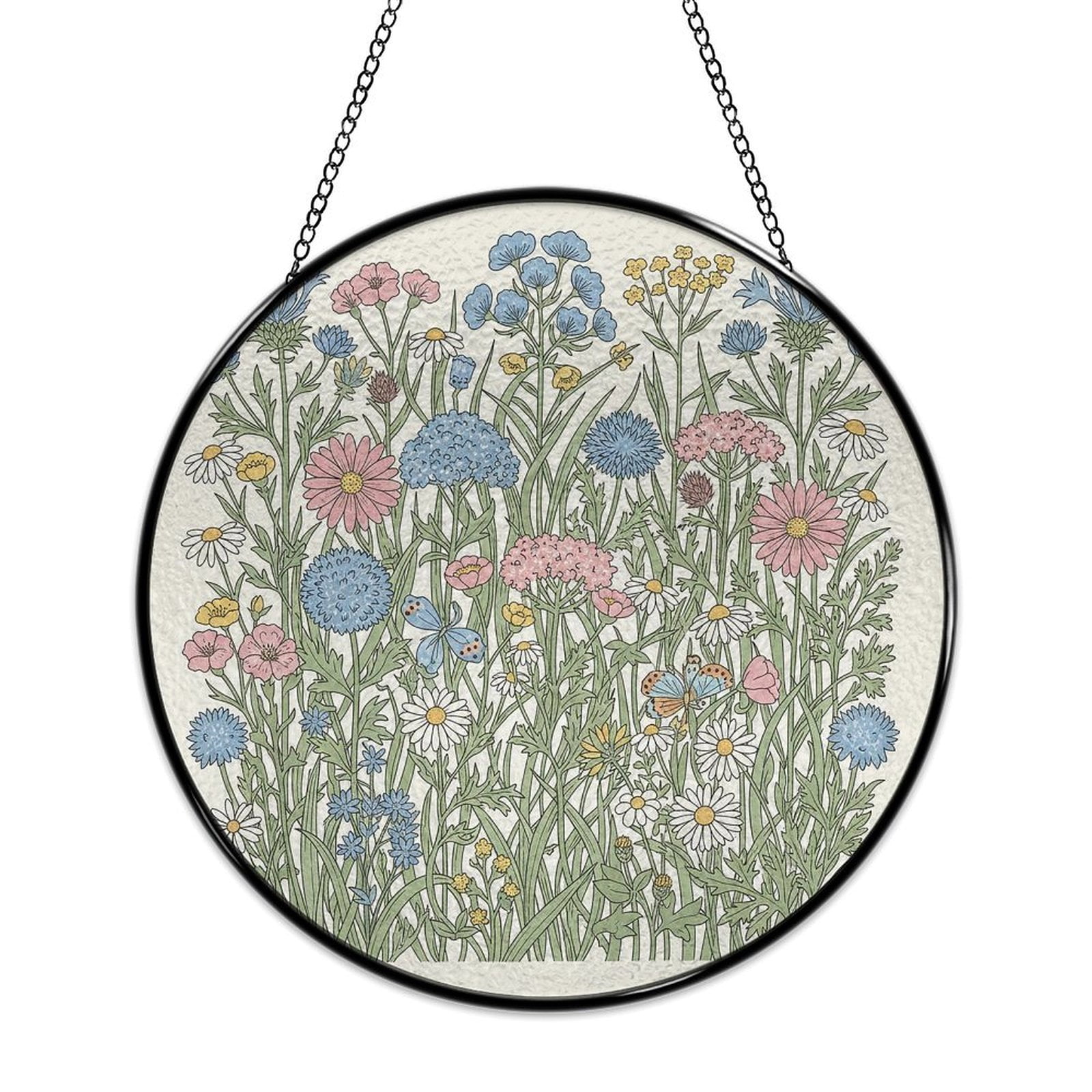 Chilfamy Round Stained Glass Window Suncatcher, Wildflowers Ornament ...