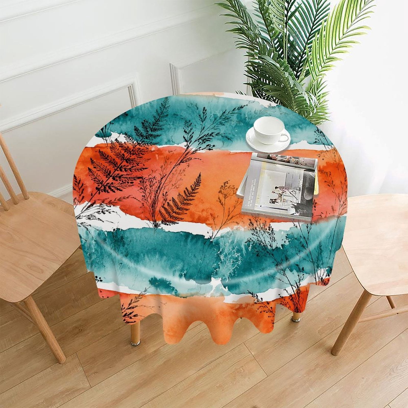 Chilfamy Round Tablecloth,Coral Teal Botanical Wash Art Premium ...