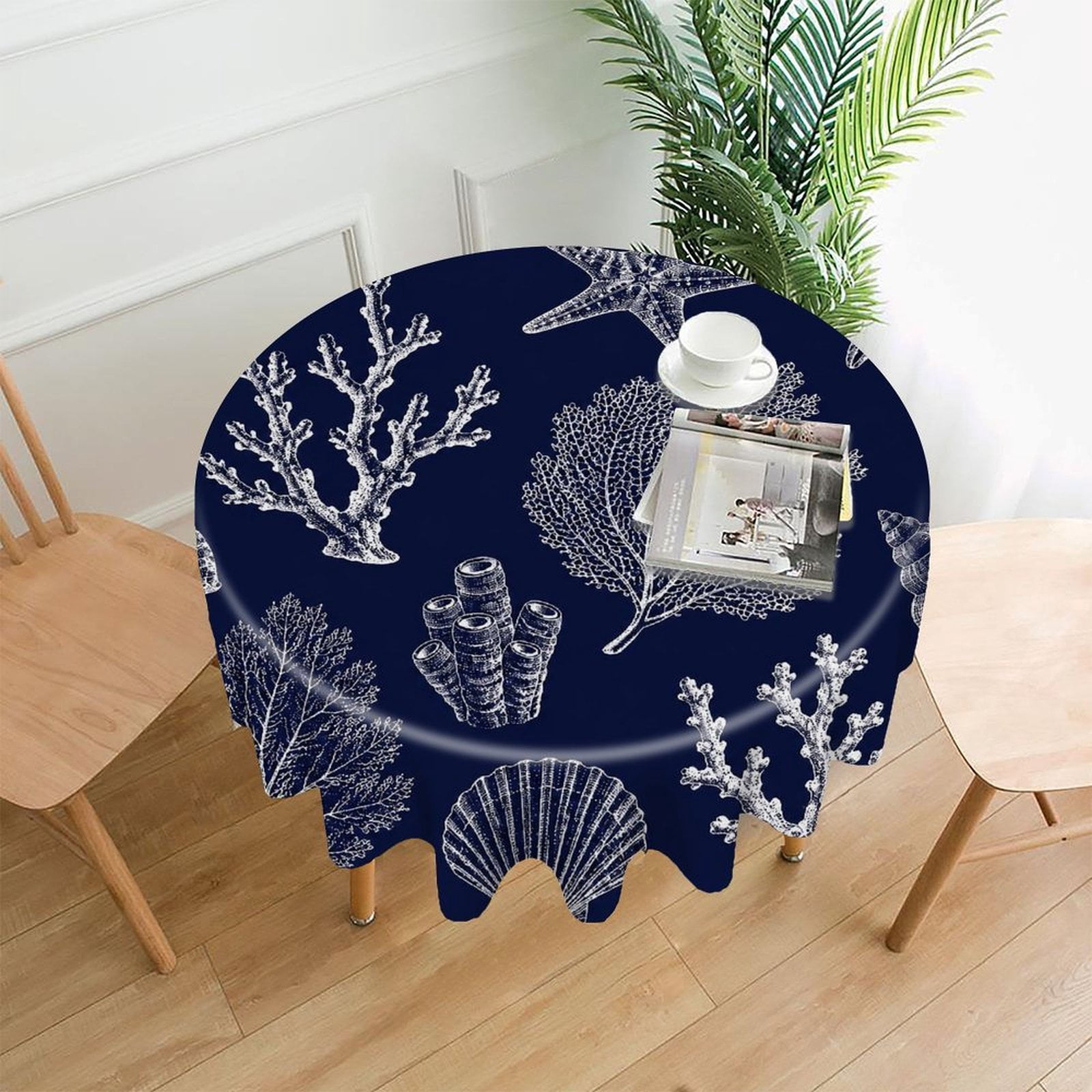 Chilfamy Round Tablecloth,Navy Coral Reef Pattern Premium Polyester ...