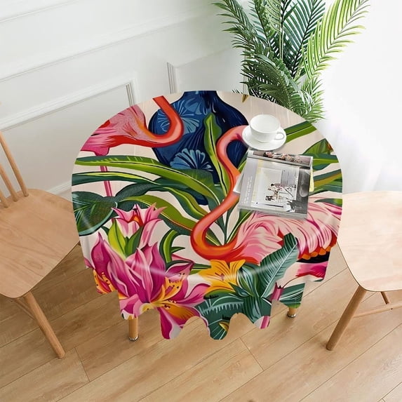 Chilfamy Round Tablecloth,Tropical Flamingo Flower Premium Polyester ...