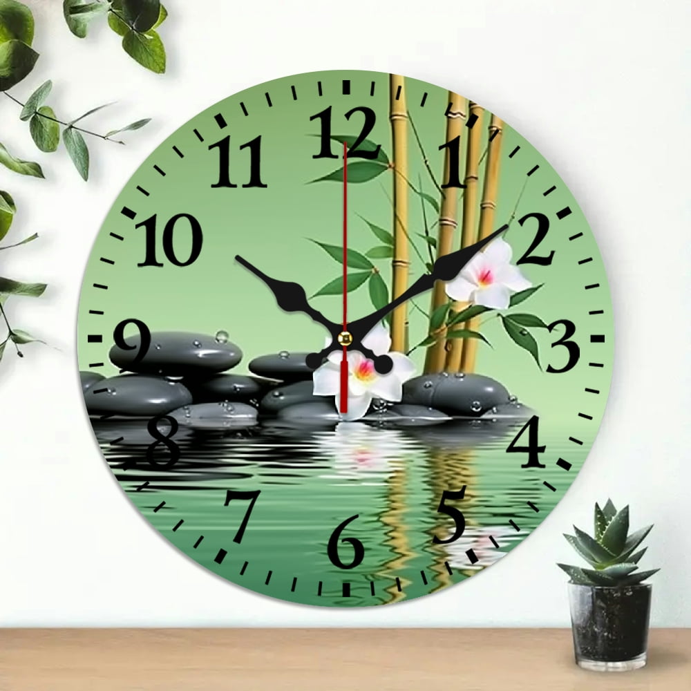 Chilfamy Round Wooden Wall Clock, Bamboo Flowers Water Print, Frameless ...