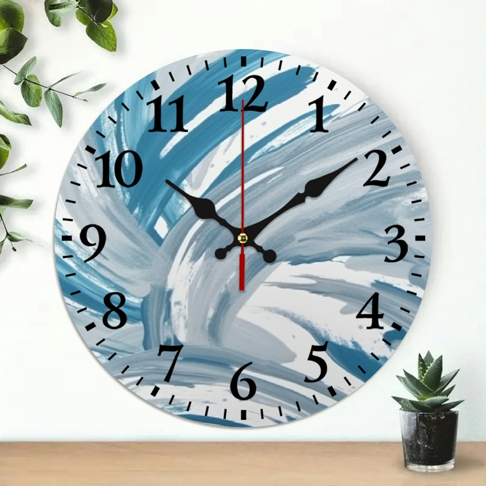 Chilfamy Round Wooden Wall Clock Blue and White Design Abstract Brush ...