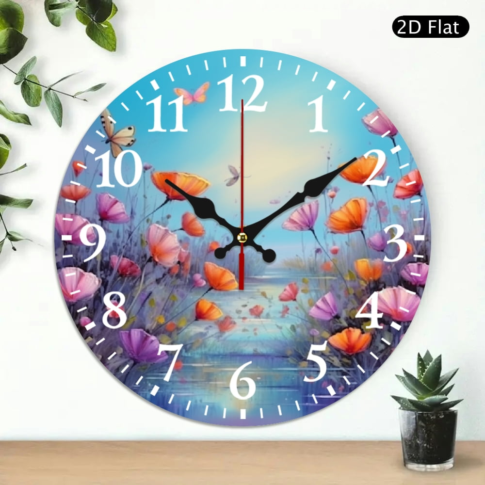 Chilfamy Round Wooden Wall Clock with Flowers Butterflies Blue Sky ...