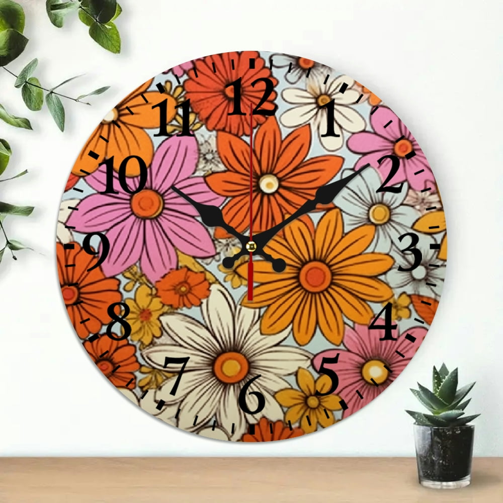 Chilfamy Round Wooden Wall Clock with Flowers Colorful Pattern Print ...