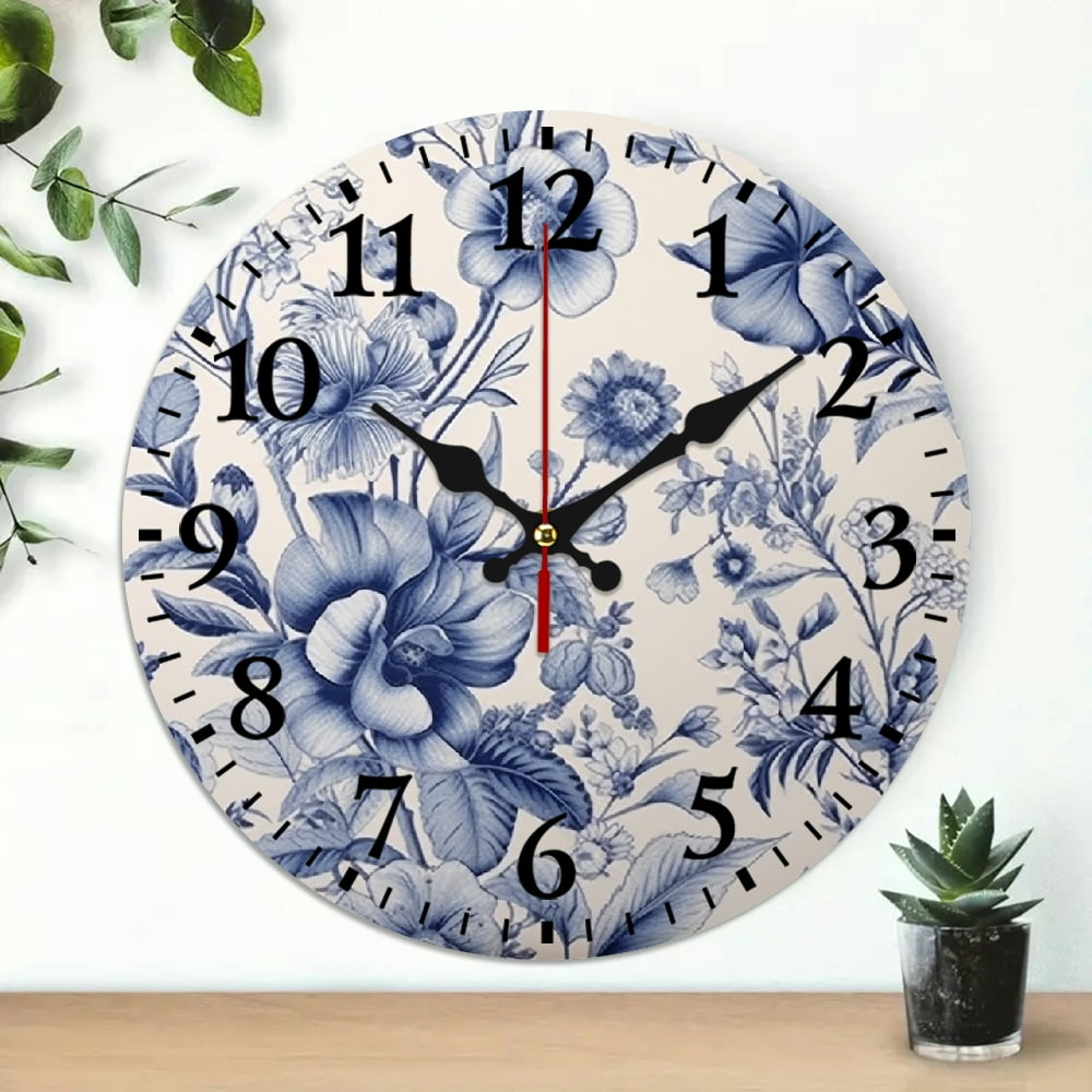 Chilfamy Round Wooden Wall Clock Flowers Leaves Lace Print Battery ...