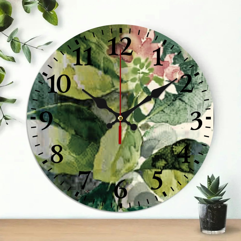 Chilfamy Round Wooden Wall Clock Flowers Leaves Watercolor Painting ...