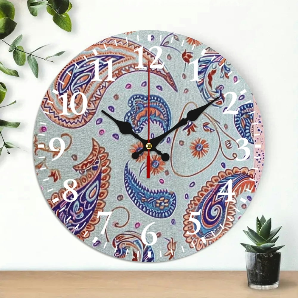 Chilfamy Round Wooden Wall Clock for Home Decor, Paisley Print Fine ...