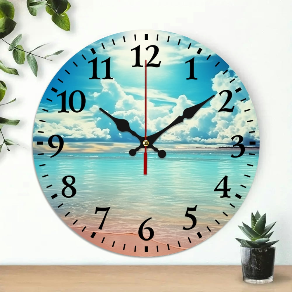 Chilfamy Round Wooden Wall Clock for Home Decor, Sun Ocean Beach Print ...