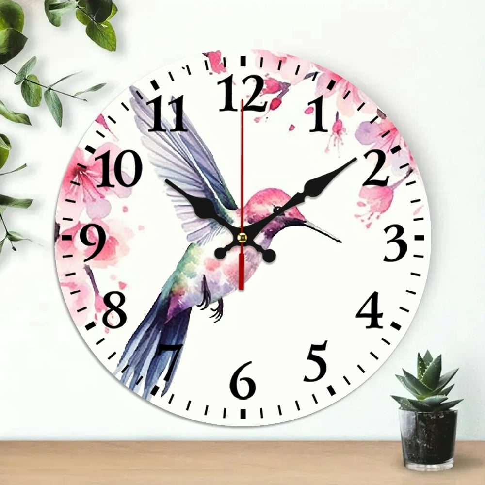 Chilfamy Round Wooden Wall Clock Hummingbird Flowers Watercolor Print ...