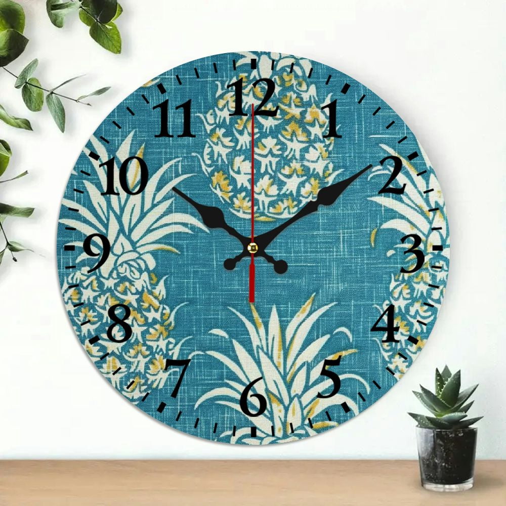 Chilfamy Round Wooden Wall Clock Pineapple Print Battery Operated 10 ...