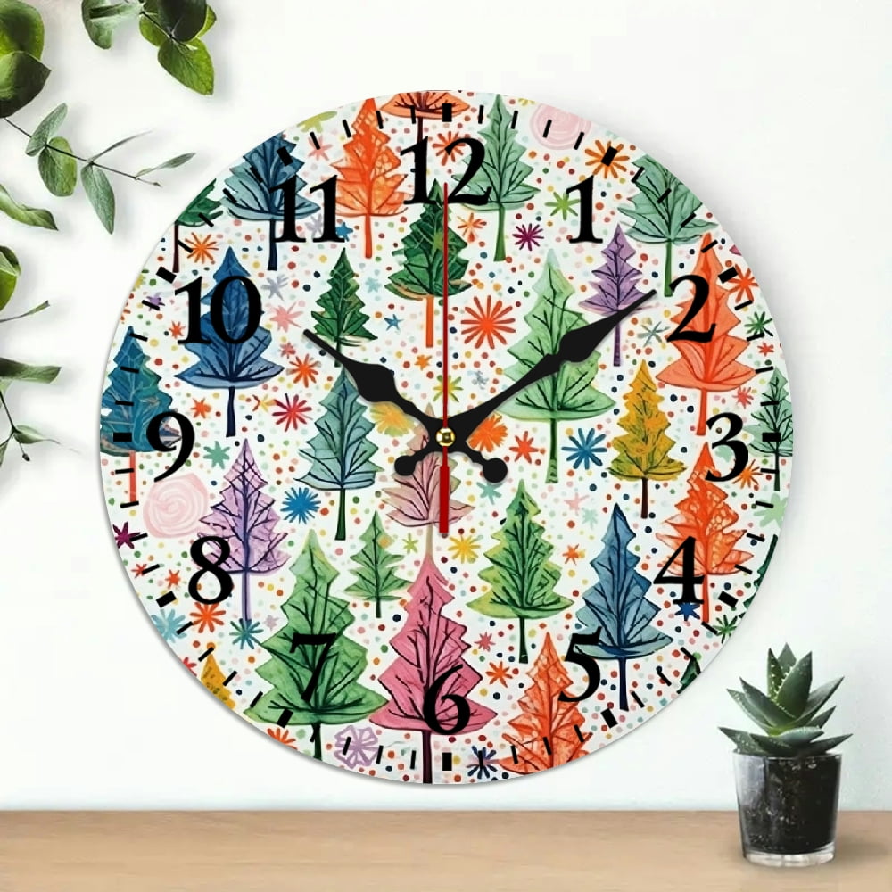 Chilfamy Round Wooden Wall Clock Trees Stars Whimsical Print Wall ...