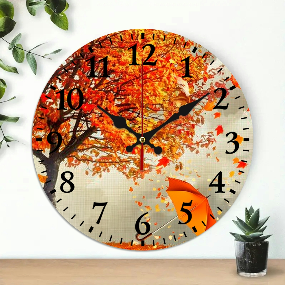 Chilfamy Round Wooden Wall Clock Umbrella Leaves Fall Print 10 Inch ...