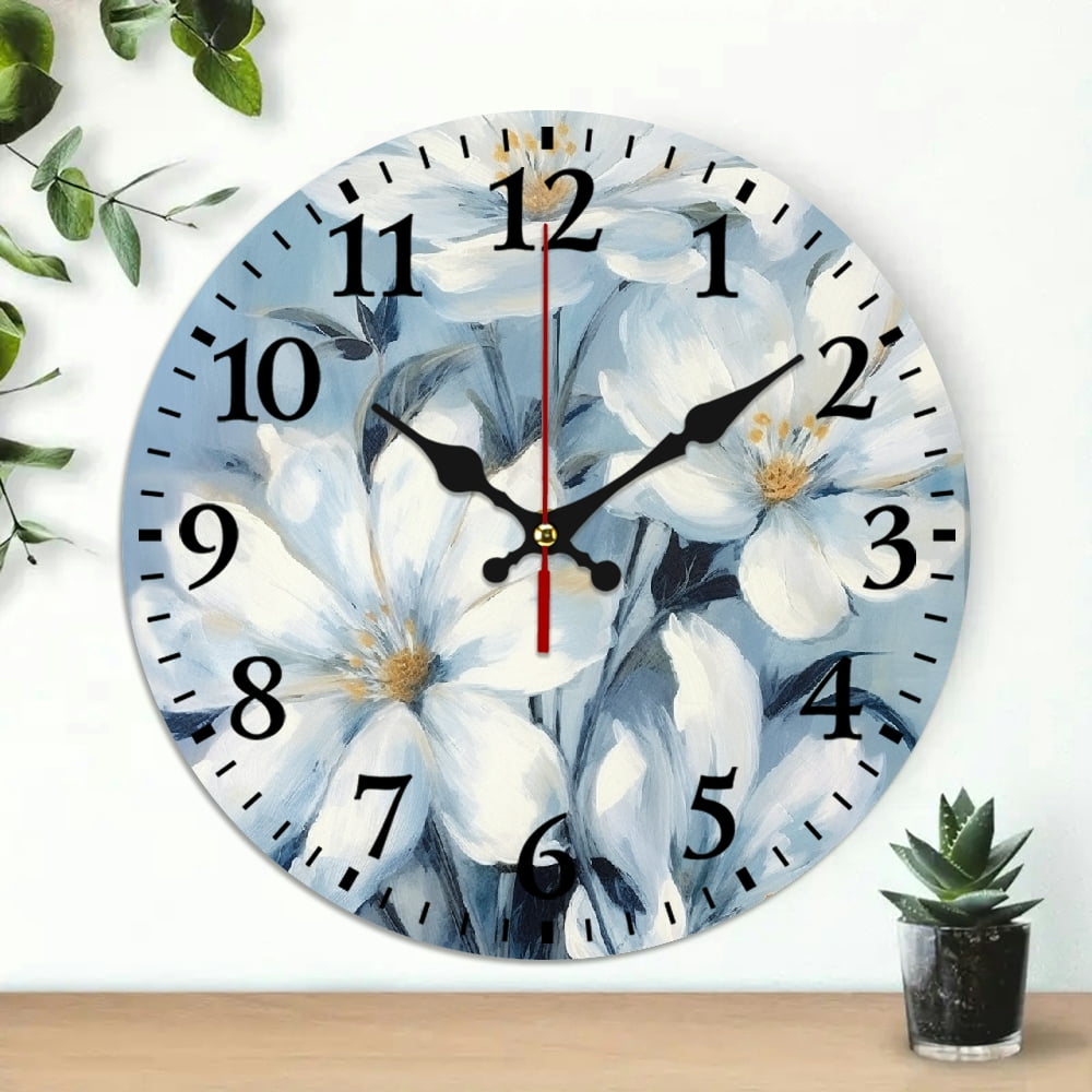 Chilfamy Round Wooden Wall Clock White Flowers Print Wall Hanging Decor ...